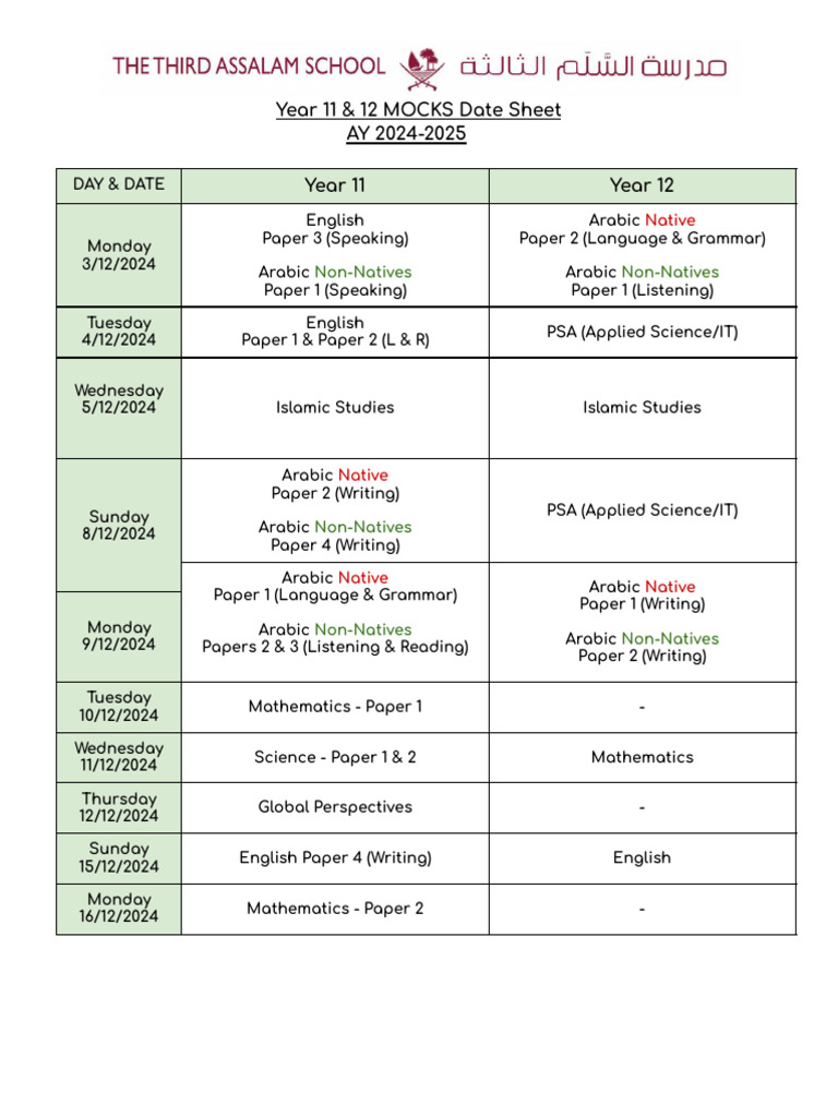 Year 11 - Mocks DateSheet & Topics | PDF | Muhammad | Chemical Reactions