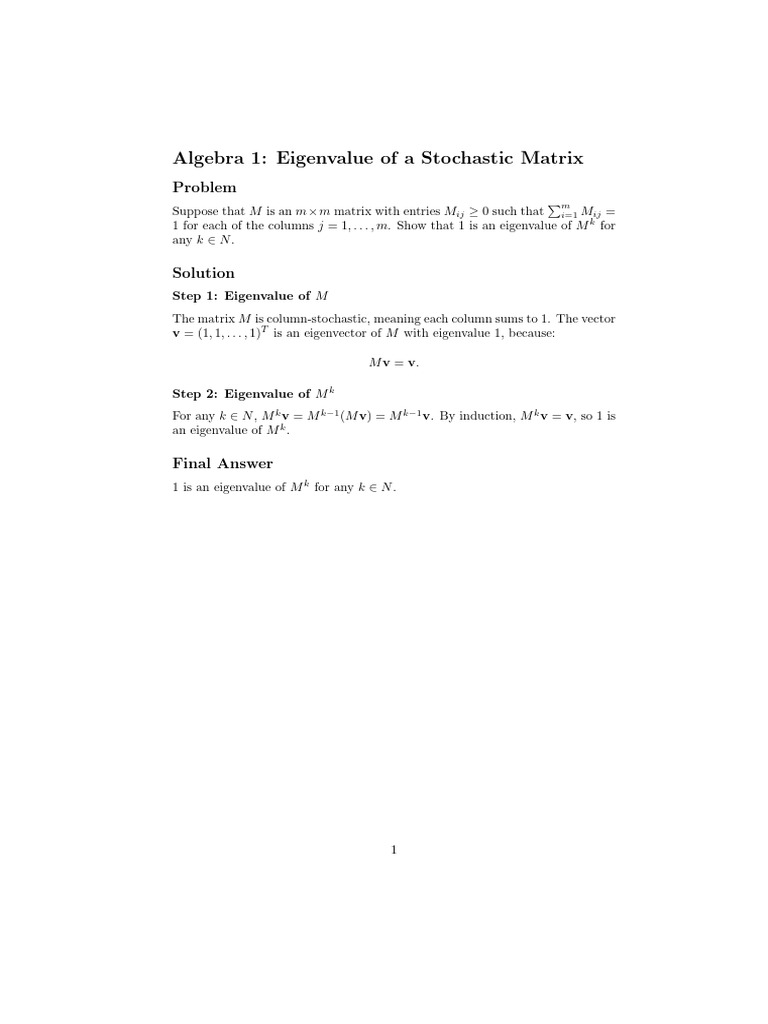 Algebra 1 Eigenvalue of A Stochastic Matrix | PDF