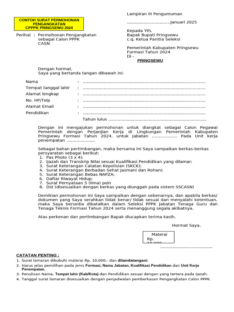 Lampiran III Surat Lamaran PPPK 2024 | PDF