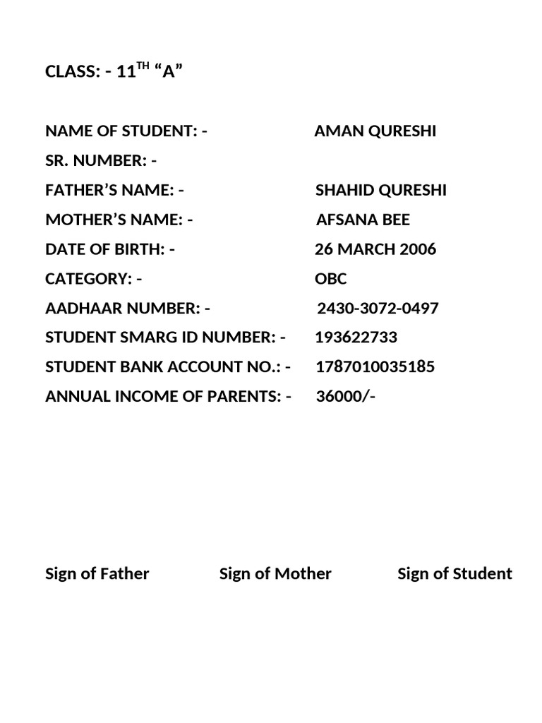Student Biodata Format for Class 11 | PDF