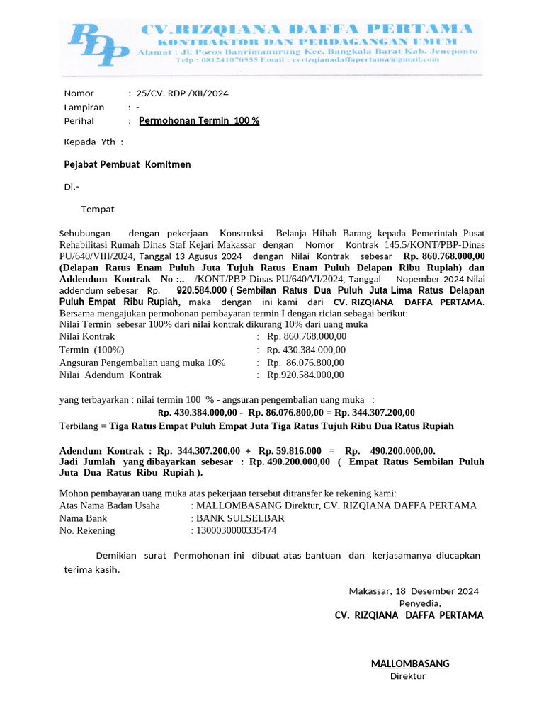Surat Permohonan TERMIN 100 | PDF