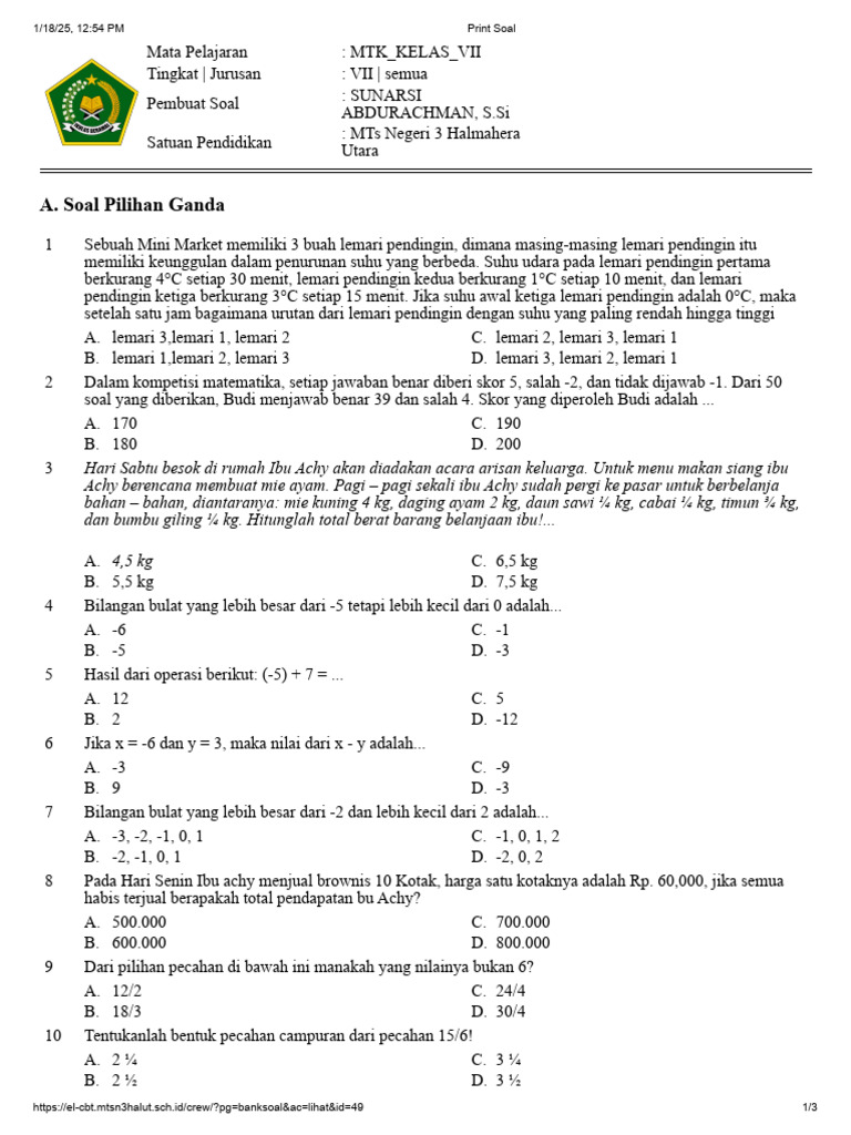 soal matematika kelas vii | PDF