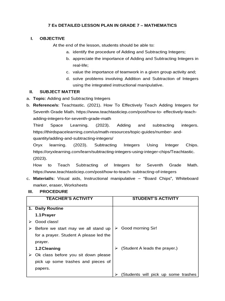7 Es DETAILED LESSON PLAN IN GRADE 7 integers | PDF | Numbers | Subtraction