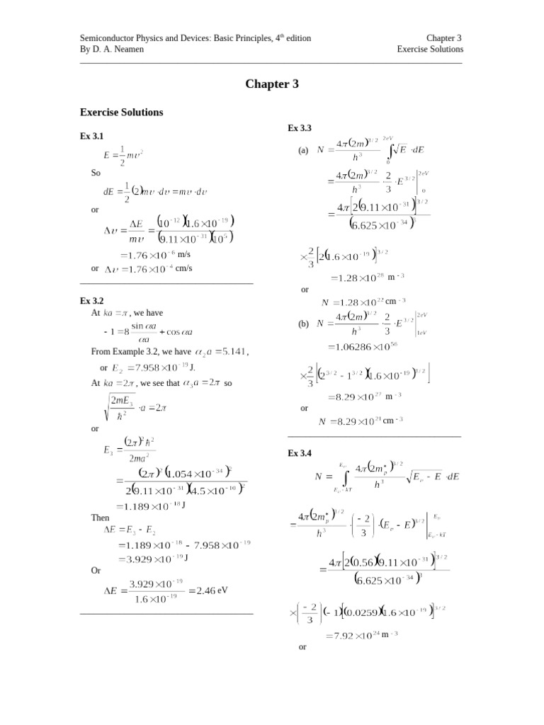 Chapter 3 Exercise Solutions in Semiconductor Physics | PDF | Physical Sciences | Semiconductors