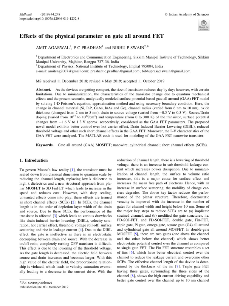 Effects of The Physical Parameter On Gate All Around FET | PDF | Field ...