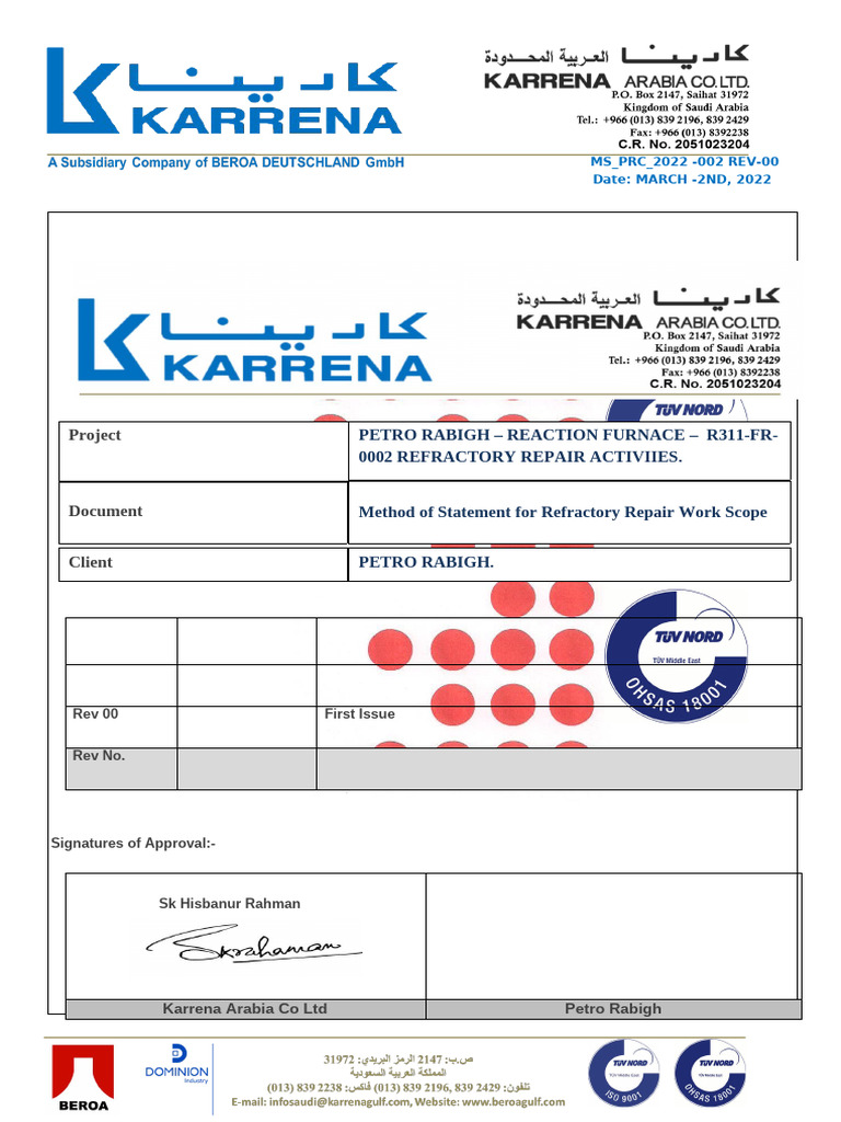 Refractory Repair Method Statement | PDF | Refractory | Brick