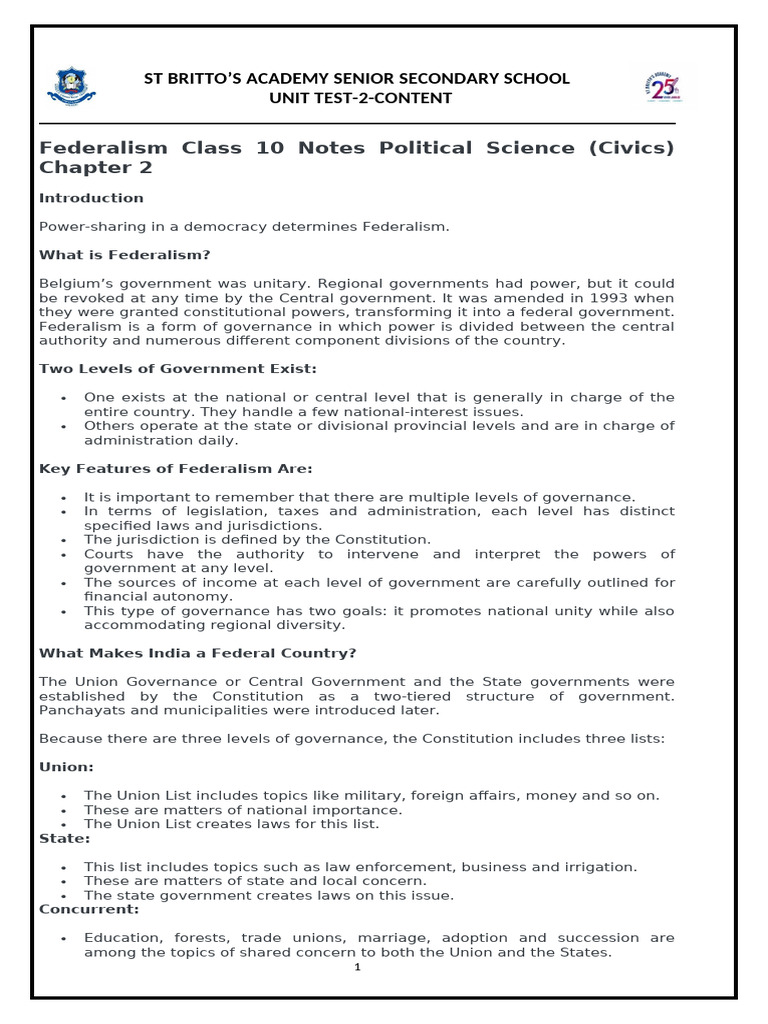 Class X Social Science Content-Ut-2 24-25 | PDF | Federalism | Kingdom ...