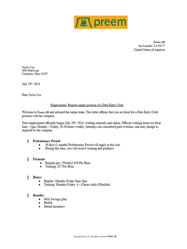 Preem AB Employment Letter (Taylor Cox) | PDF | Employment | Employee ...