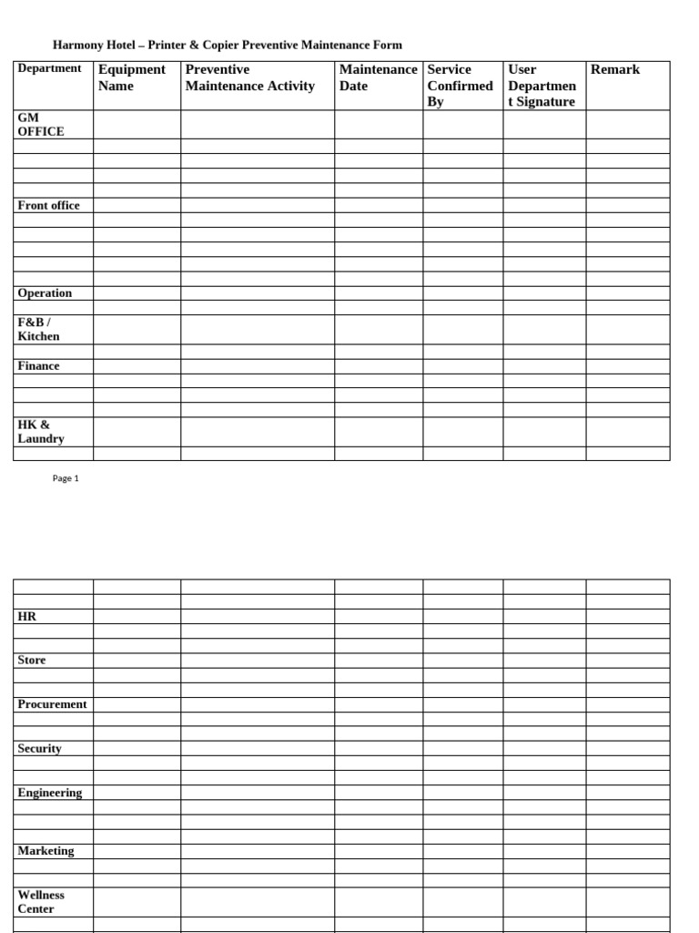 Harmony Hotel Printer Periodic Service Format 2025 | PDF