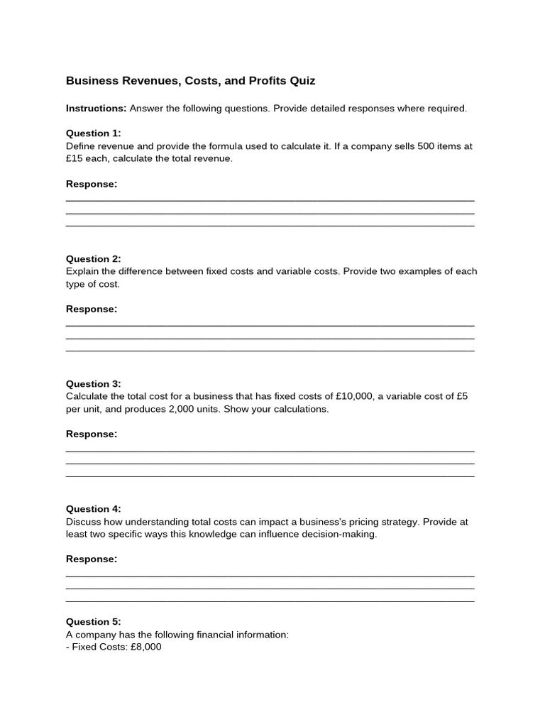 Costs, Revenue and Profits | PDF