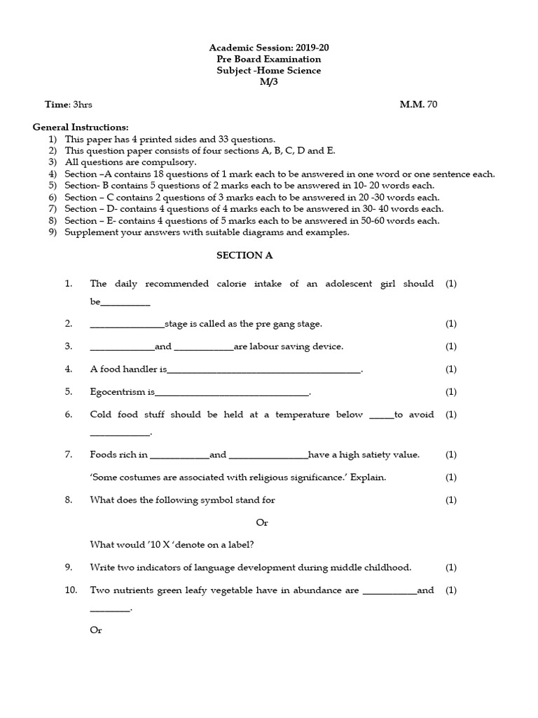 Home Science Pre Board Exam Paper 2019-20 | PDF
