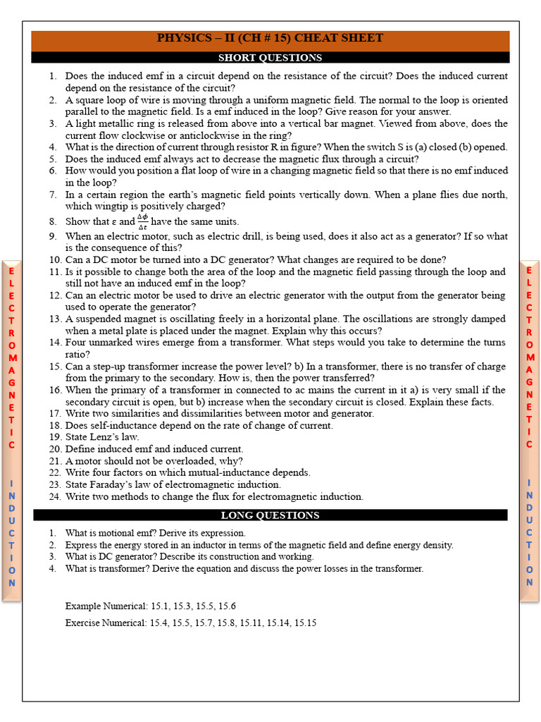 Phy-P2-Cheat Sheet-2025 (CH # 15) | PDF | Electromagnetic Induction | Inductance