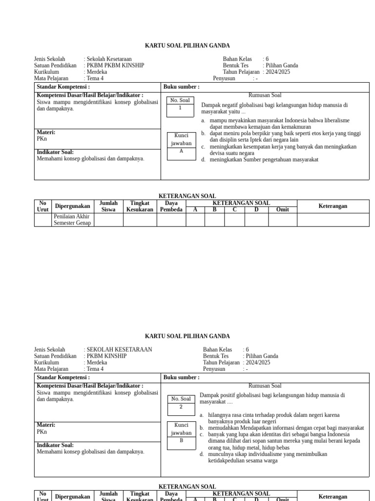 KARTU_SOAL_dan_Kisi-kisi_Kelas_6_tema_4 | PDF