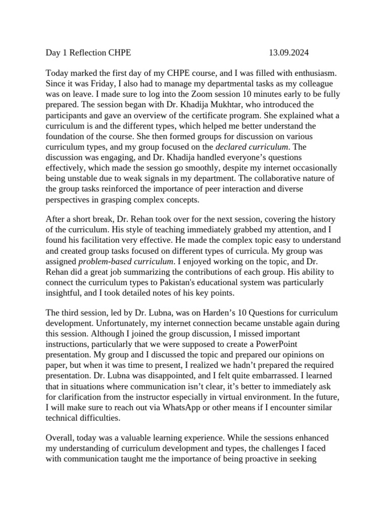 Reflection Day 1 13-09-2024 | PDF | Curriculum | Communication