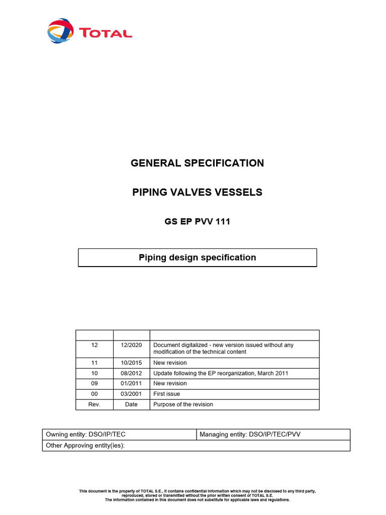 Piping Design Specification GS EP PVV 111 | PDF | Pipe (Fluid ...