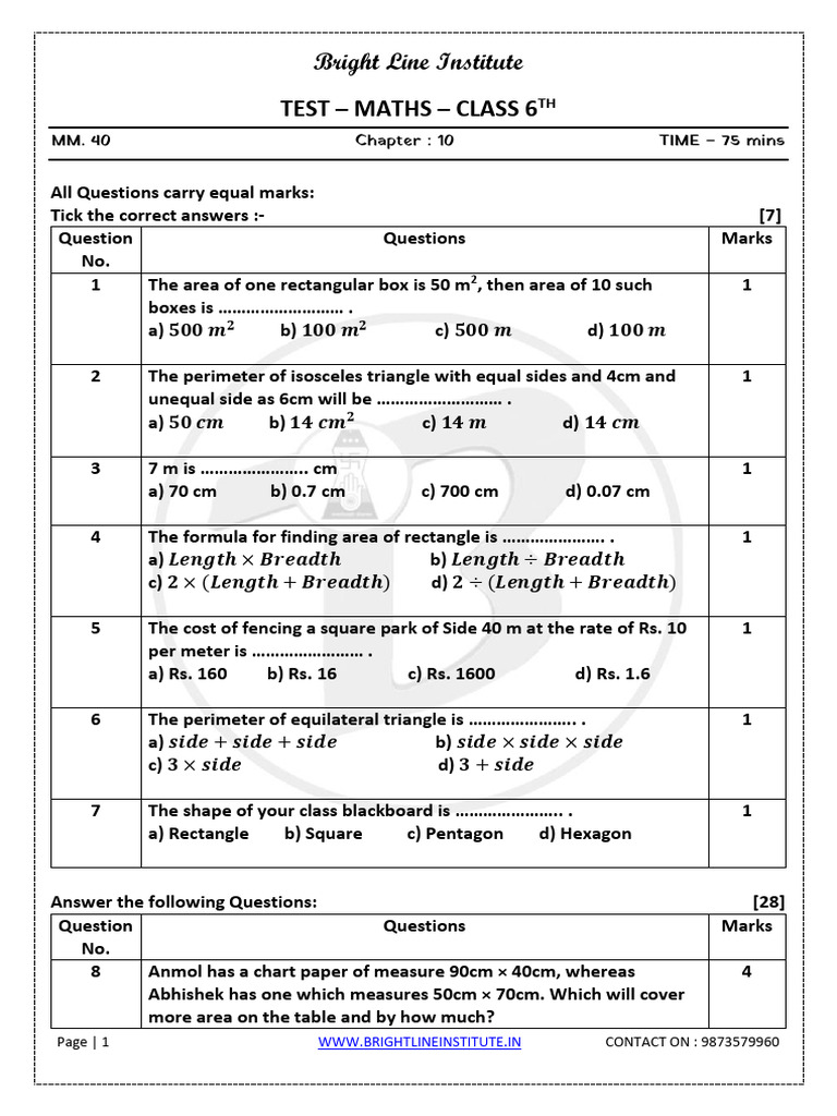 Class 6th Mensuration | PDF | Area | Geometry