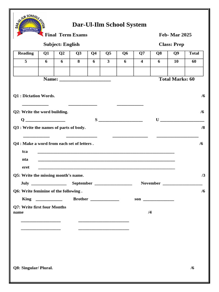 English Prep Final Paper 2025 | PDF