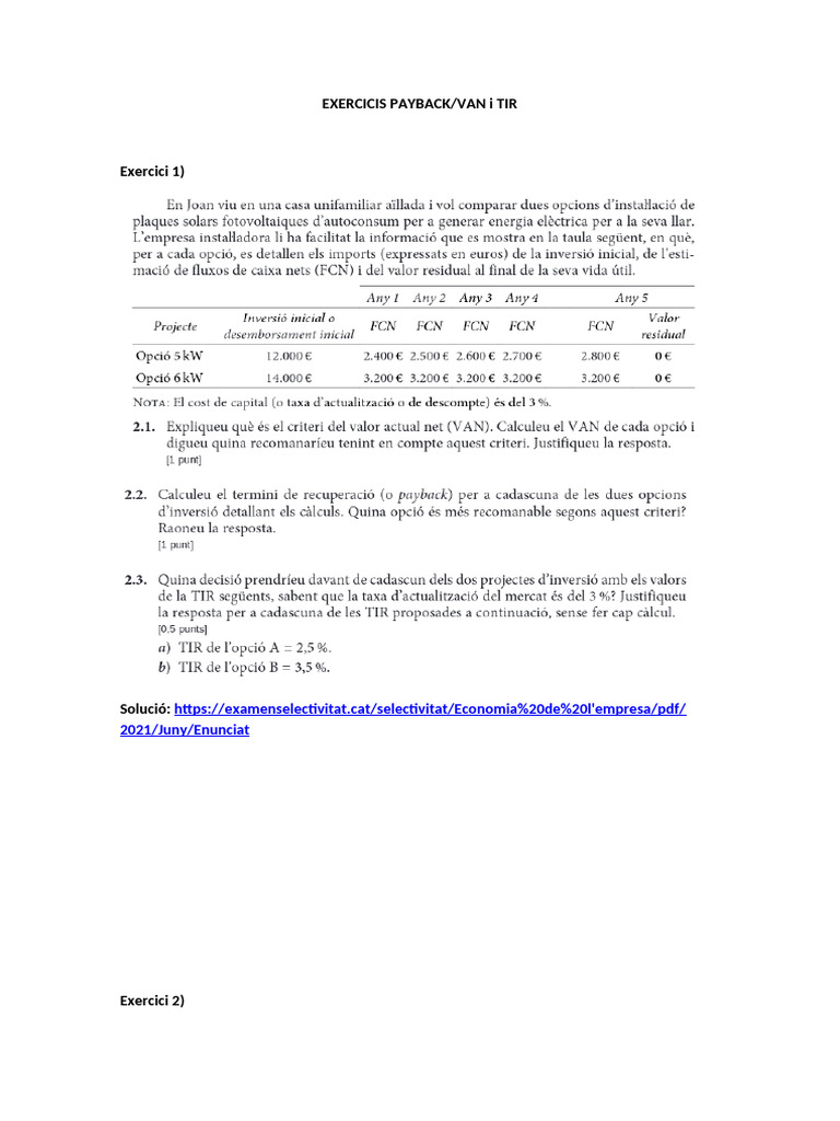 Exercicis Payback | PDF