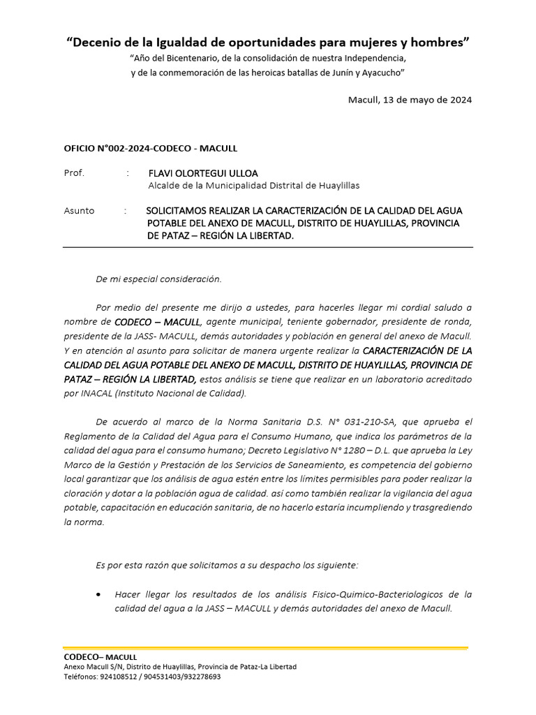 Oficio N°002-2024-Codeco - Macull | PDF | Agua | Agua dulce