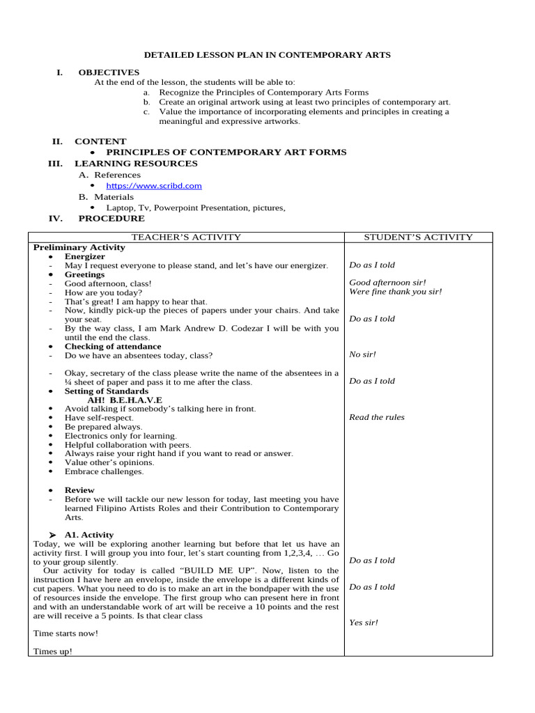Contemporary Arts Lesson Plan Guide | PDF | Learning