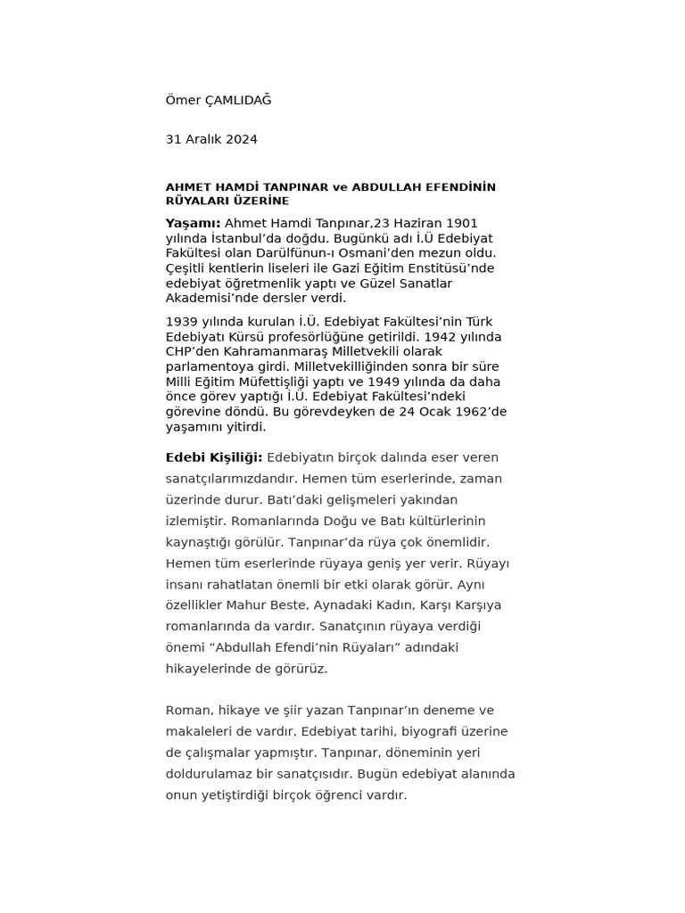 Ahmet Hamdi Tanpınar Ve Abdullah Efendinin Rüyaları | PDF