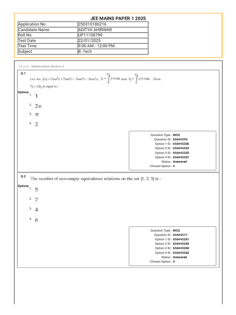 JEE Mains Paper 1 2025 MCQ Responses | PDF | Multiple Choice | Career ...
