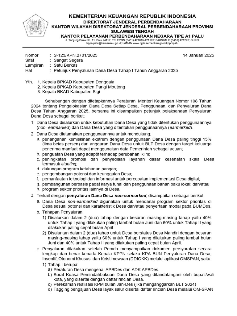 Petunjuk Penyaluran Dana Desa Tahap I Tahun Anggaran 2025pdf | PDF