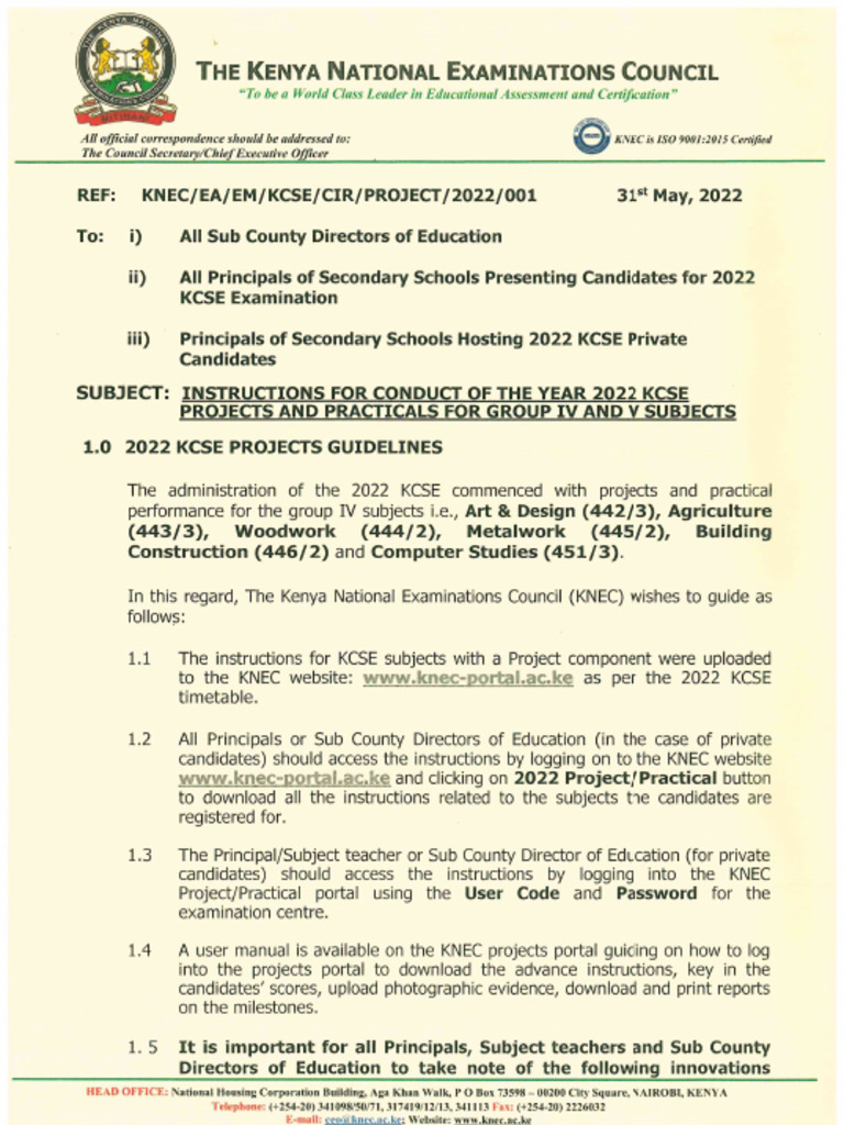 Instructions On 2022 KCSE Projects | PDF
