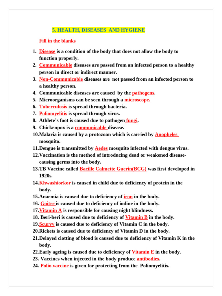5.health, Diseases and Hygiene Fill in The Blanks | PDF