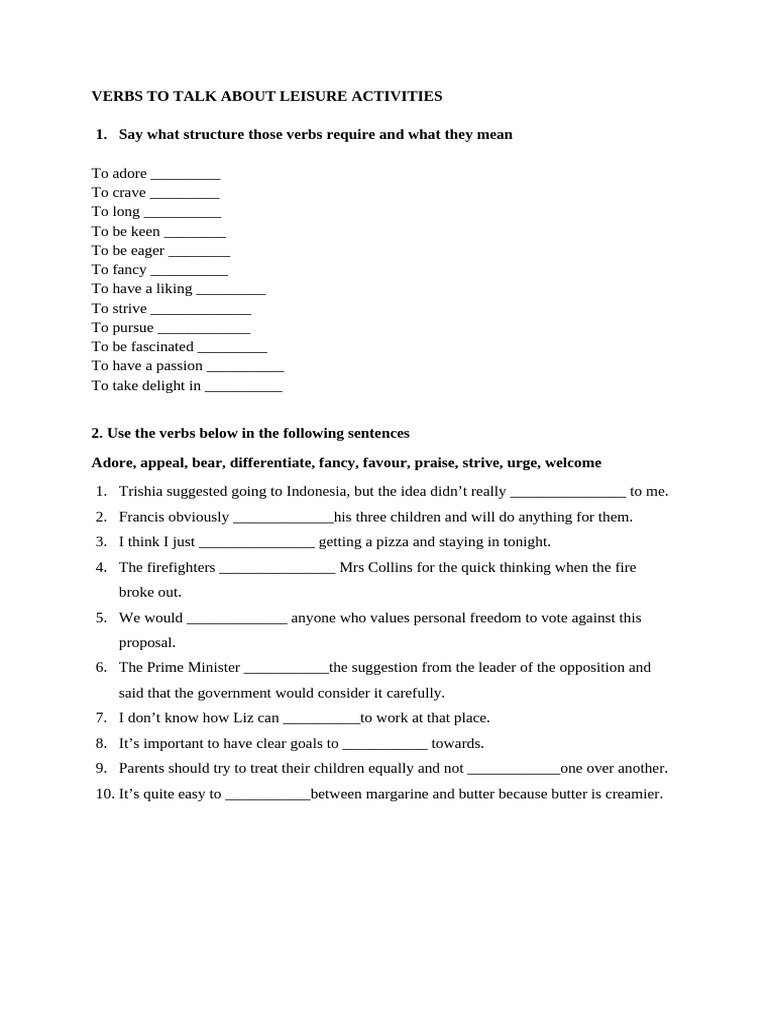 Verbs and Phrasal Verbs for Leisure Activities | PDF