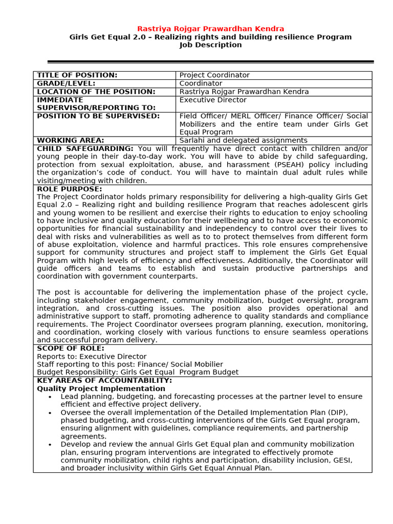 Project Coordinator for Girls Get Equal Program | PDF | Capacity Building