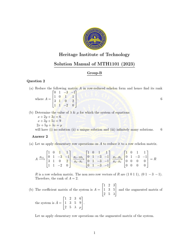 Solution Manual (MTH1101) | PDF | Matrix (Mathematics) | Eigenvalues And Eigenvectors