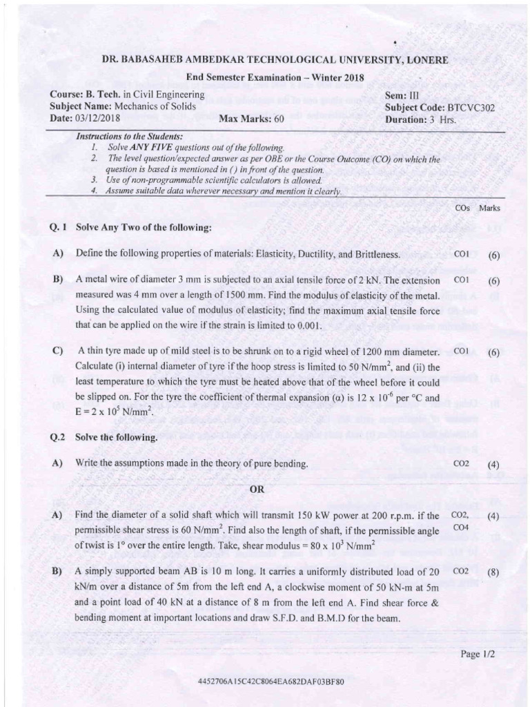 Mechanics of Solids ALL PYQ (Pran Tehare) | PDF | Stress (Mechanics) | Strength Of Materials