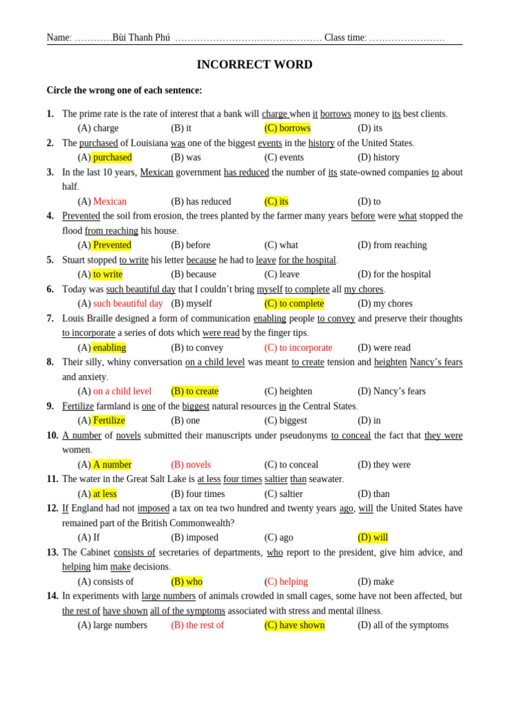 Incorrect Word Identification Exercise | PDF