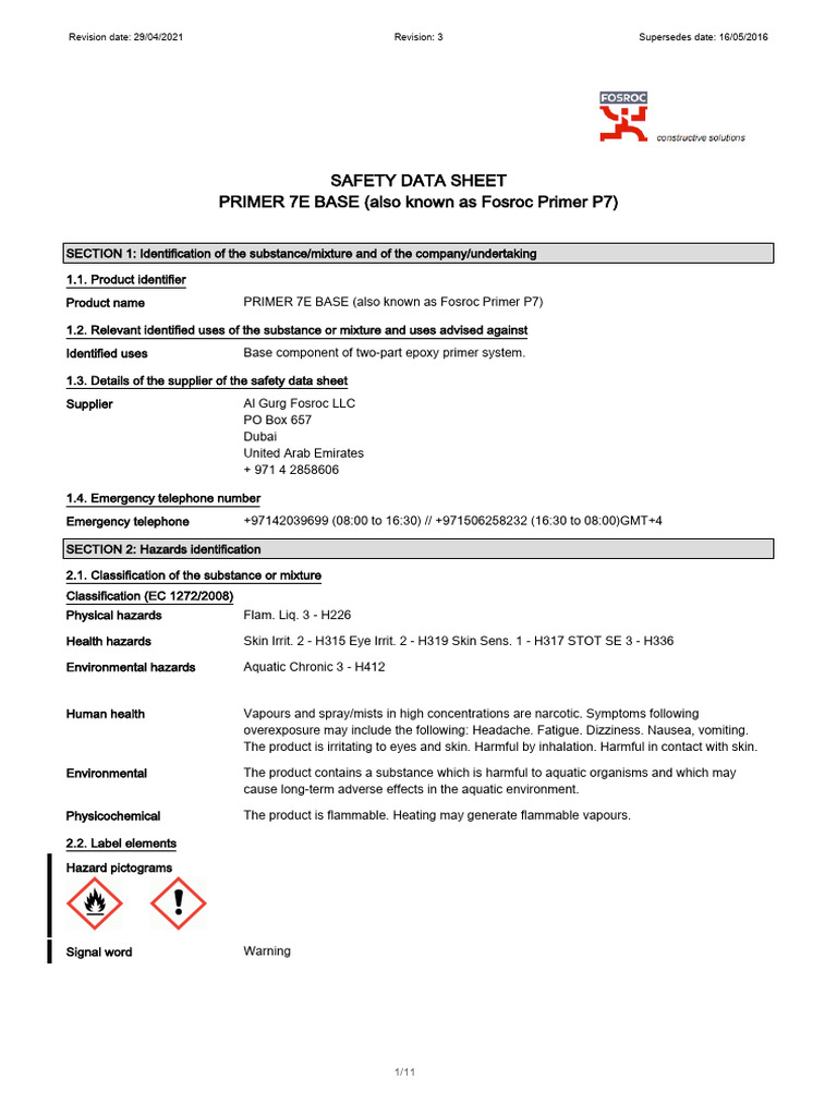 Fosroc Primer 7E Base Safety Data Sheet | PDF | Toxicity | Dangerous Goods