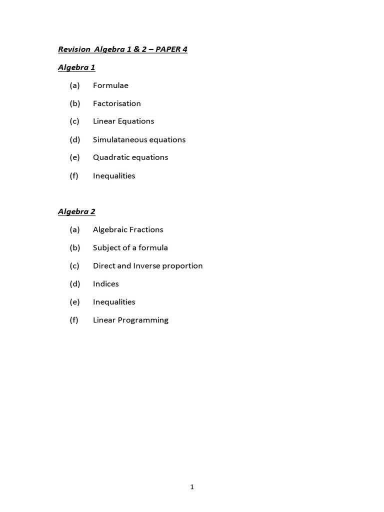 Algebra 1 & 2 Revision Guide | PDF