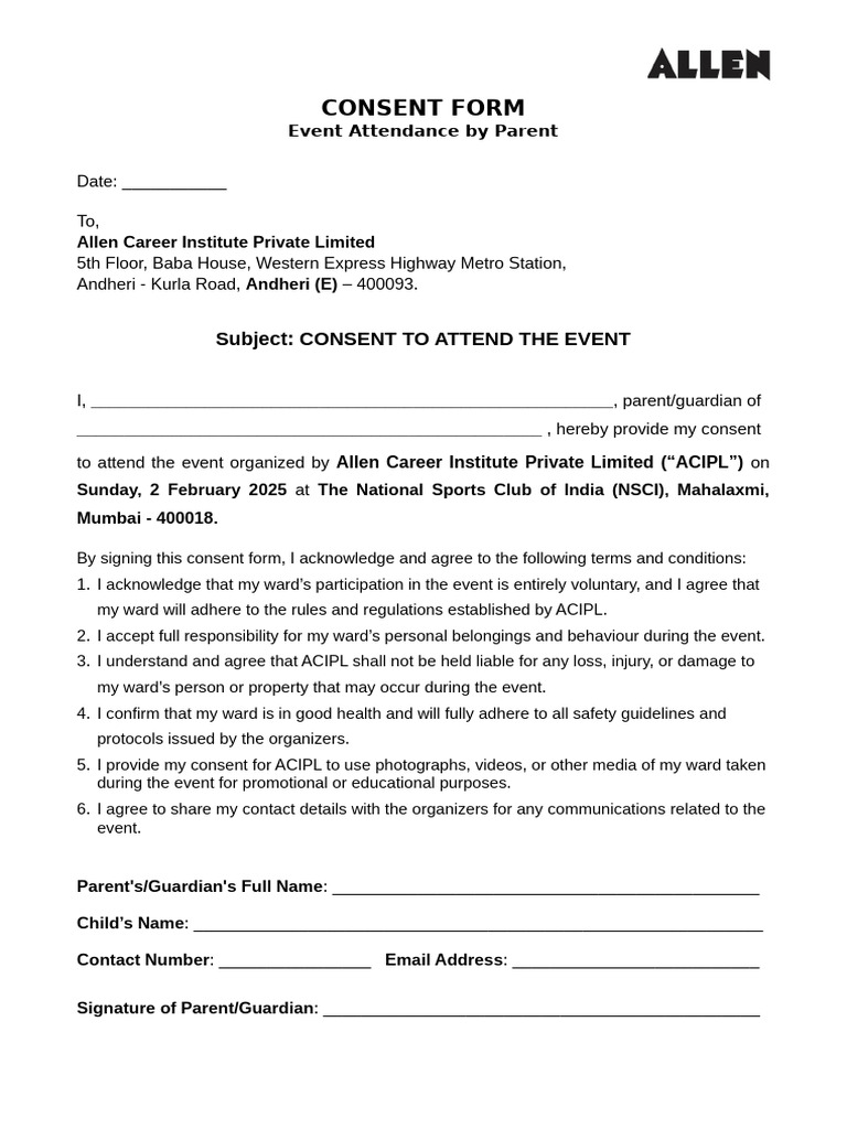 Consent Form: Subject: Consent To Attend The Event | PDF