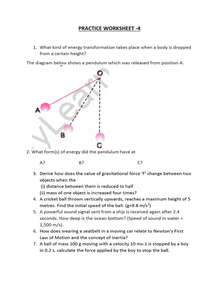 Physics Energy and Motion Worksheet | PDF