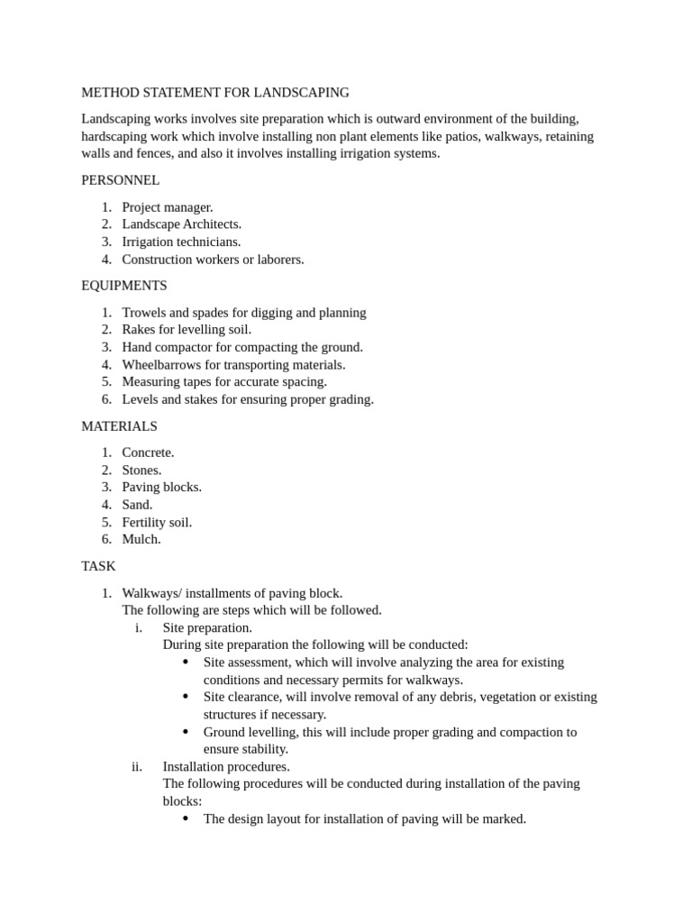 Method Statement For Landscaping | PDF