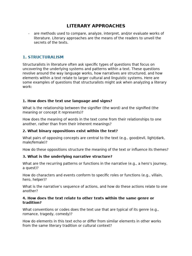 Literary Approaches - Questions To Answer Per Lens | PDF | Morality ...