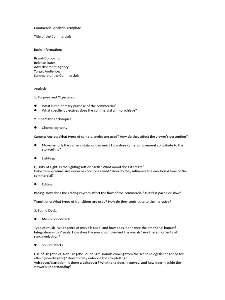 Commercial Analysis Template Guide | PDF | Narrative | Cinematography