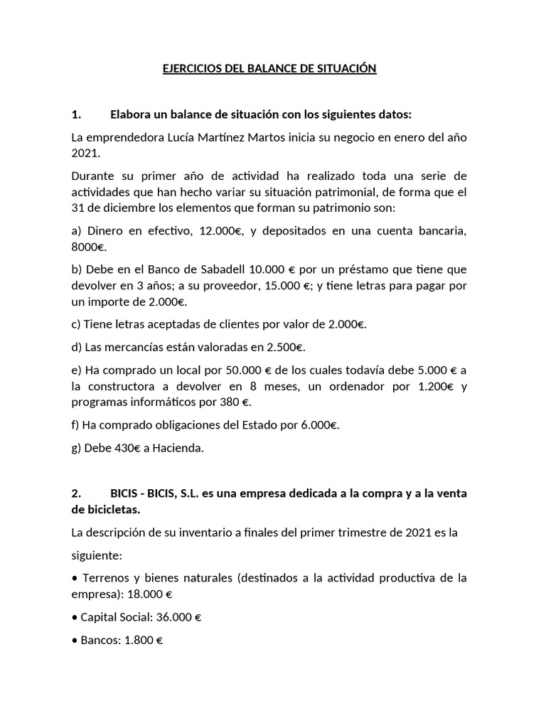 Ejercicios de Balance de Situación Empresarial | PDF | Hoja de balance ...