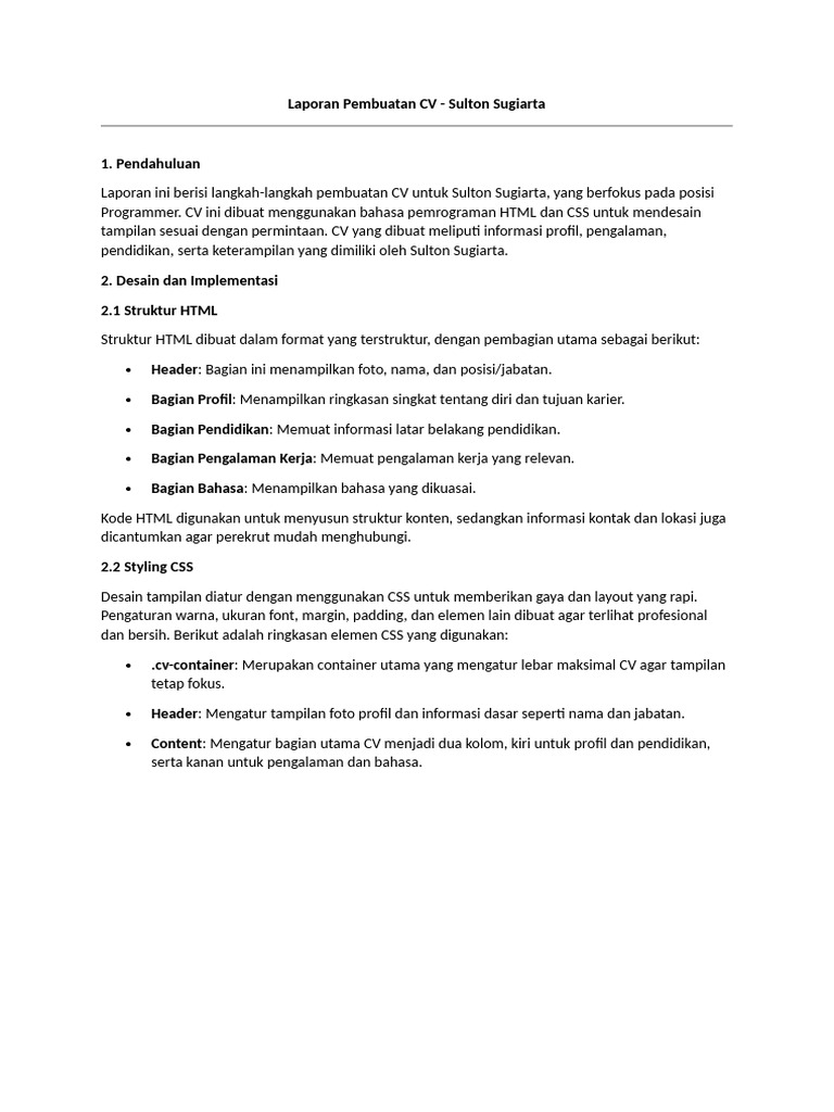 Laporan Pembuatan CV - SULTON | PDF