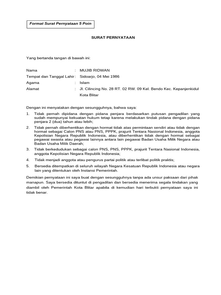 Contoh Surat Pernyataan 5 Poin Untuk PPPK | PDF