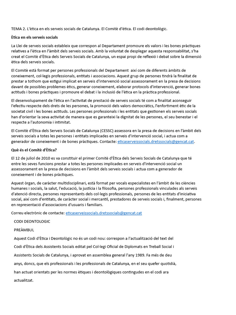 Tema 2. Etica I Codi Deontologic | PDF