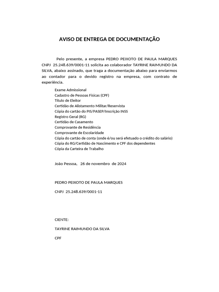 Documentação Necessária Para Admissão Pdf