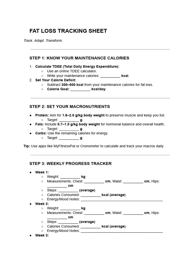 Fat Loss Tracking Sheet | PDF | Calorie | Nutrition