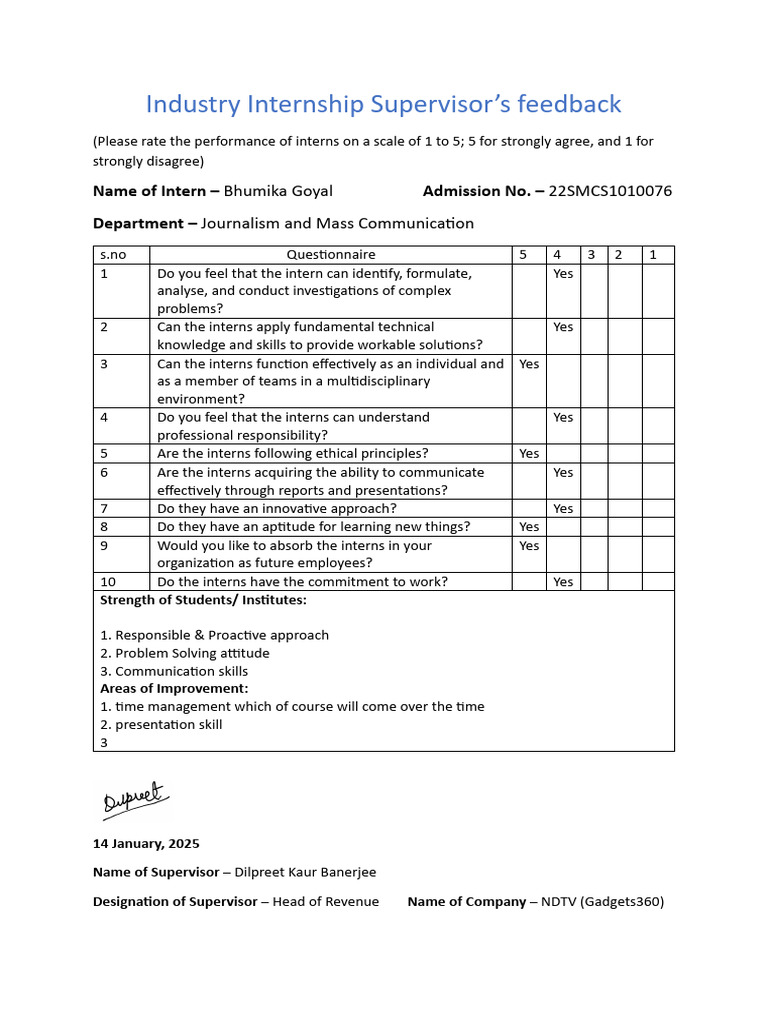 Industry Internship Supervisor's Feedback | PDF