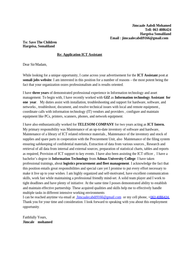 IT Assistant Muqdisho Cover Letter 1 | PDF | Information And ...