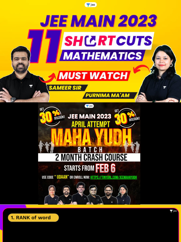 JEE 2023 11 Math Short Cuts Sameer Sir & Purnima Ma'am 1 | PDF | Area ...